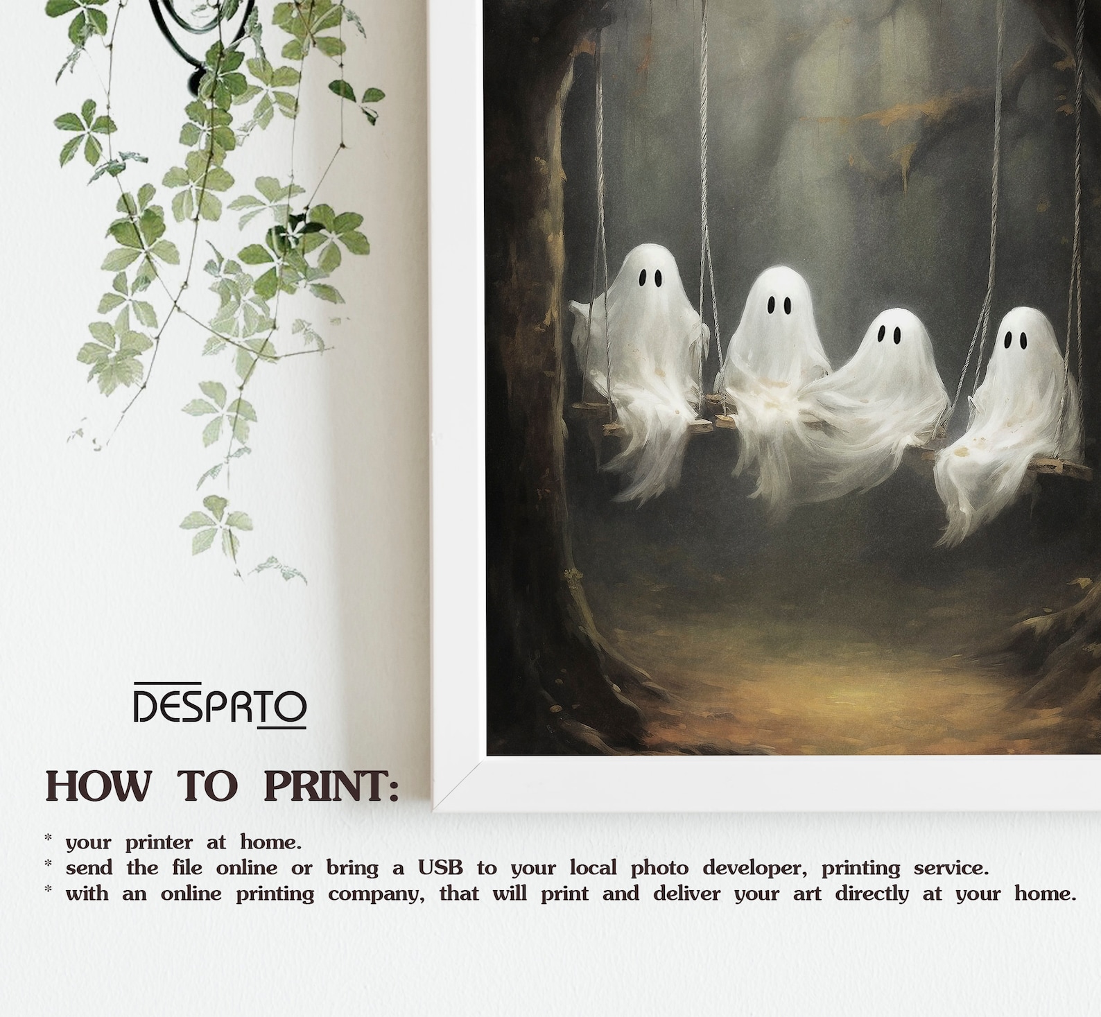 Four Cute Ghosts on a Swing in Fall Woods Print, Dark Academia ...