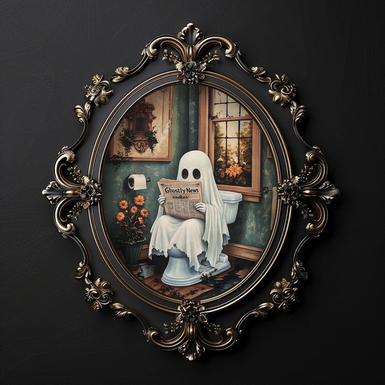 Ghost Reading Newspaper on Toilet Print, Dark Academia, Whimsical Ghost ...