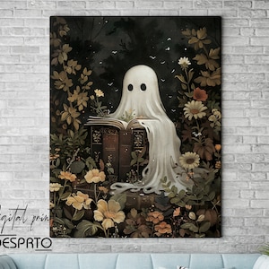 Cute Ghost Reading Books Print, Digital Halloween Cottagecore Decor ...