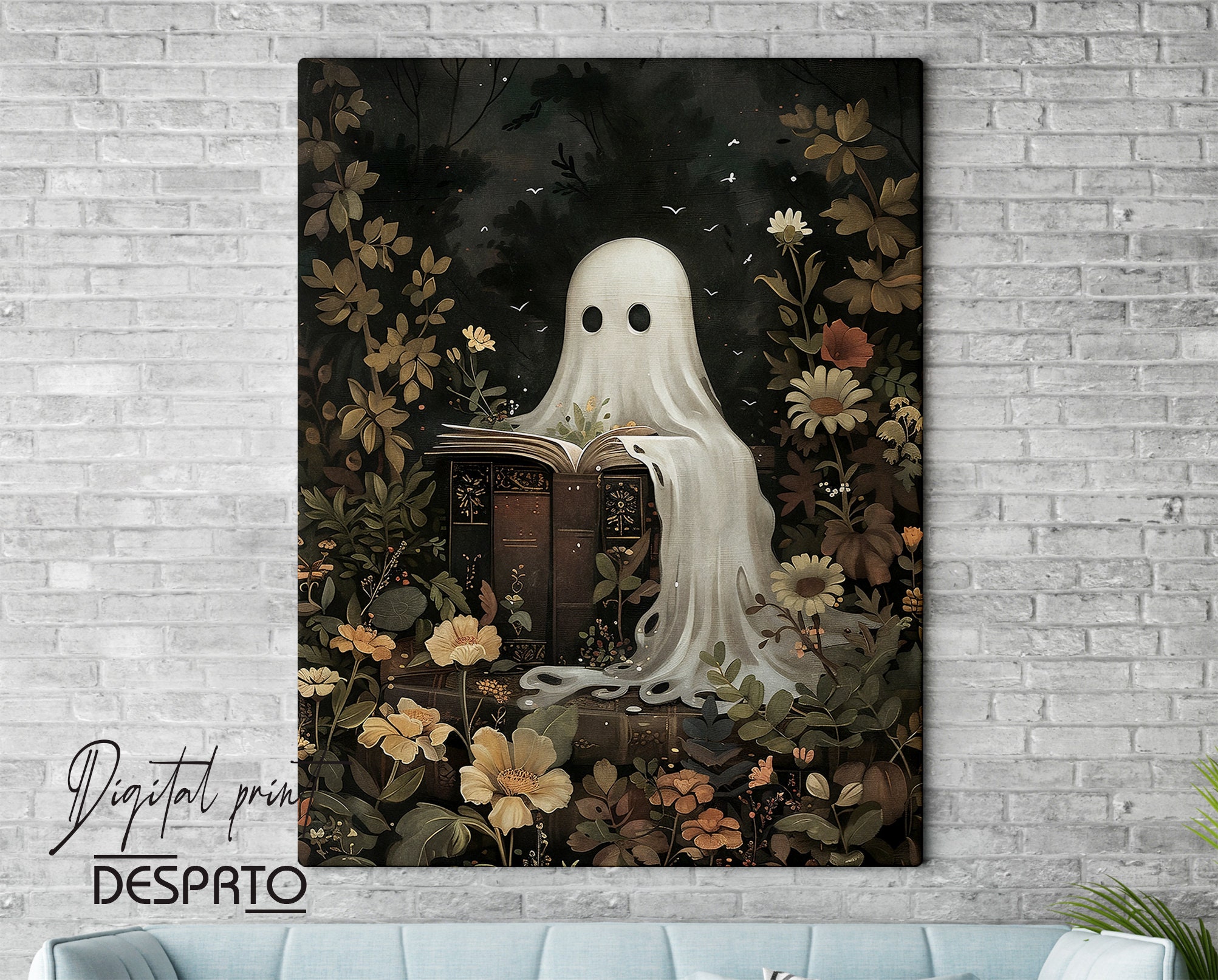 Cute Ghost Reading Books Print, Digital Halloween Cottagecore Decor ...