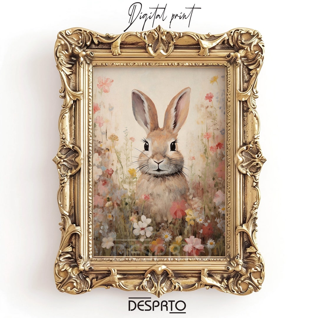 Easter Rabbit Bunny in Flower Field, Hare Cottagecore Print, Animal ...