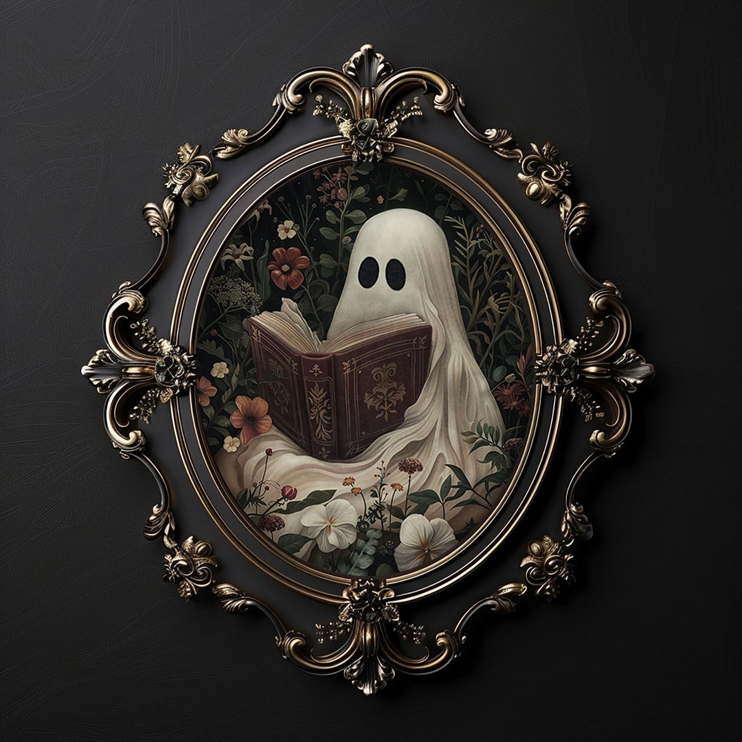 Cute Ghost Reading Books Print, Digital Halloween Cottagecore Decor ...