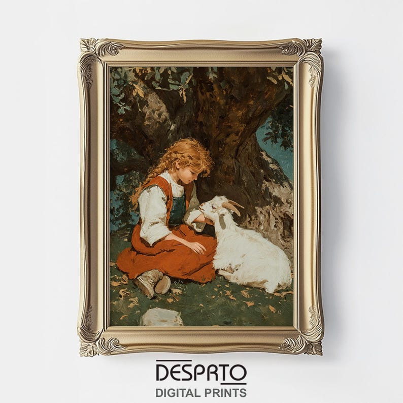 Impressão de menina e cabra, arte antiga para imprimir, arte de parede ...