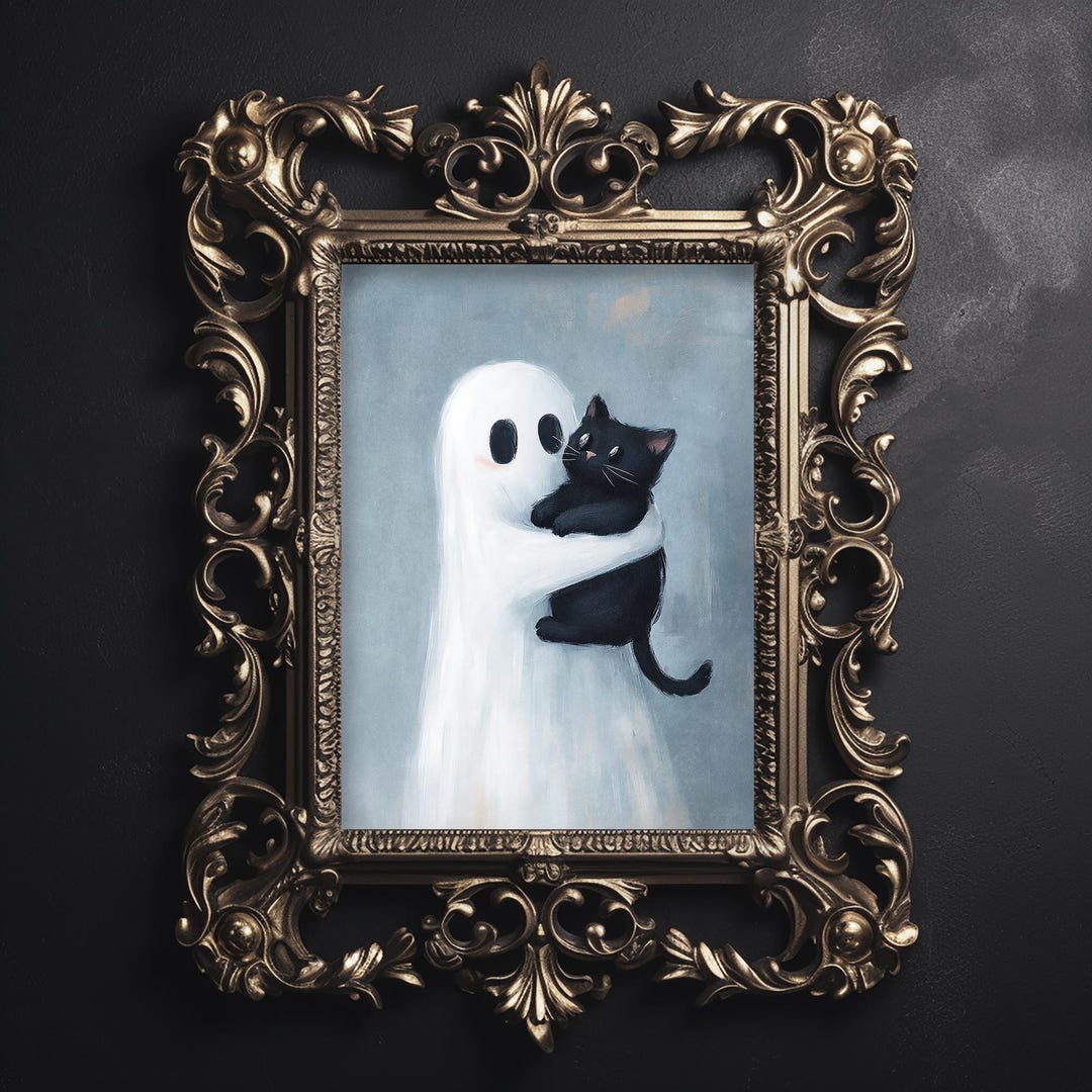 Cute Ghost Hugs Black Cat Print, Digital Halloween Cottagecore Decor ...