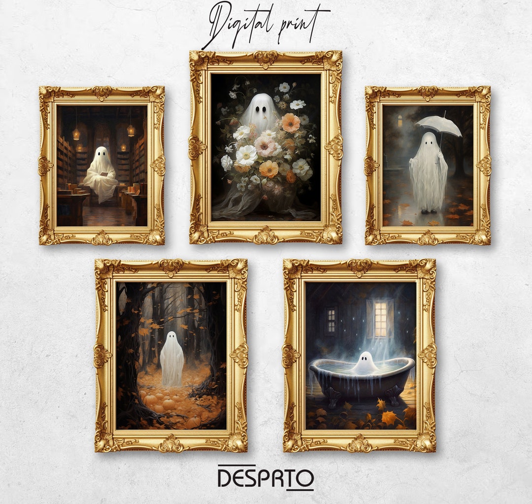 Set of 5 Ghost Print, Flower Ghost Portrait, Library Ghost, Takes Bath ...