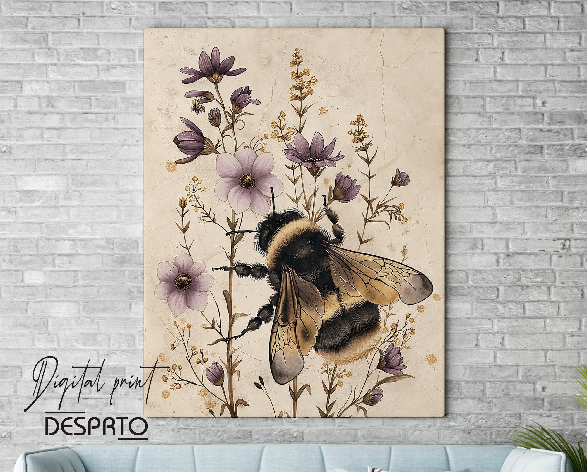 Boho Bee in Purple Flower Print, Moody Bumblebee Decor, Botanical ...