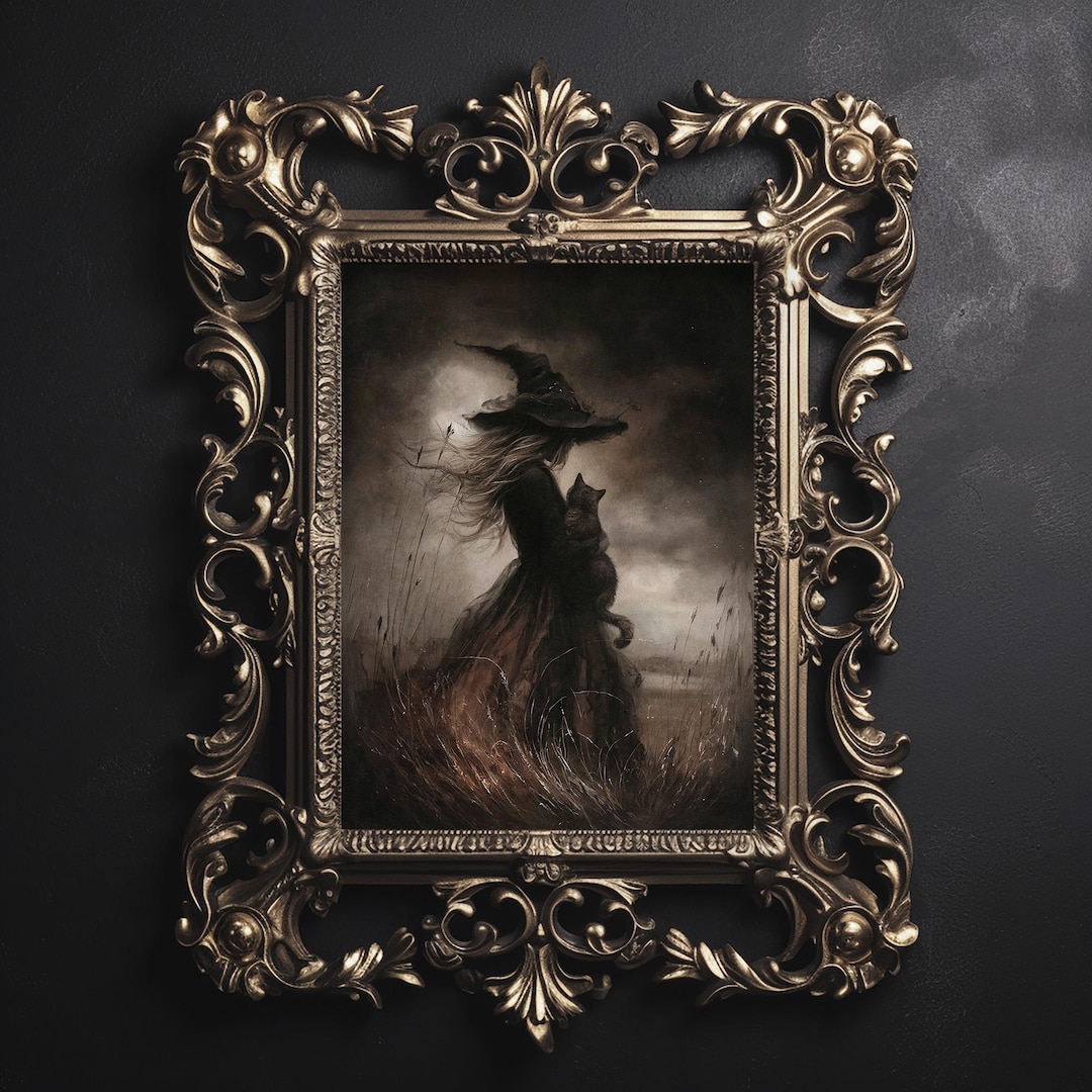 Witch Girl Walking With Cat in Field Print, Halloween Dark Academia ...