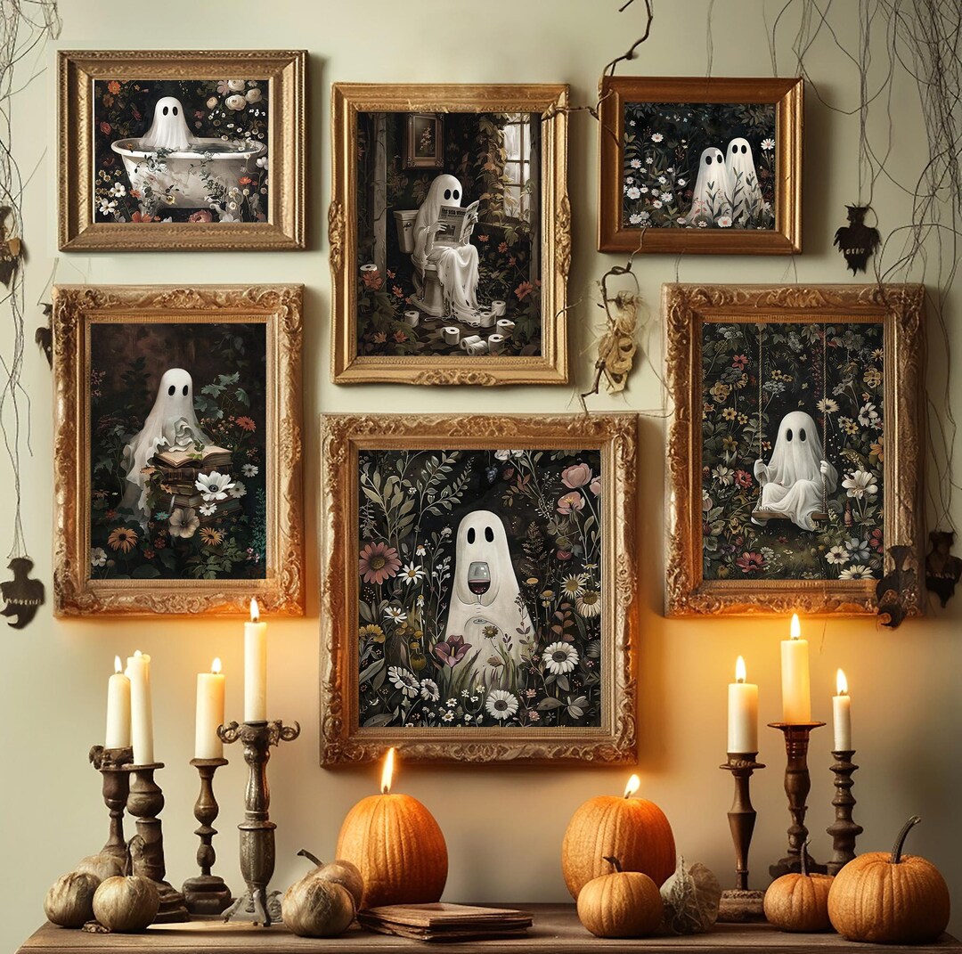 Set of 6 Printable Halloween Ghost, Floral Ghosts Portrait Print, Ghost ...