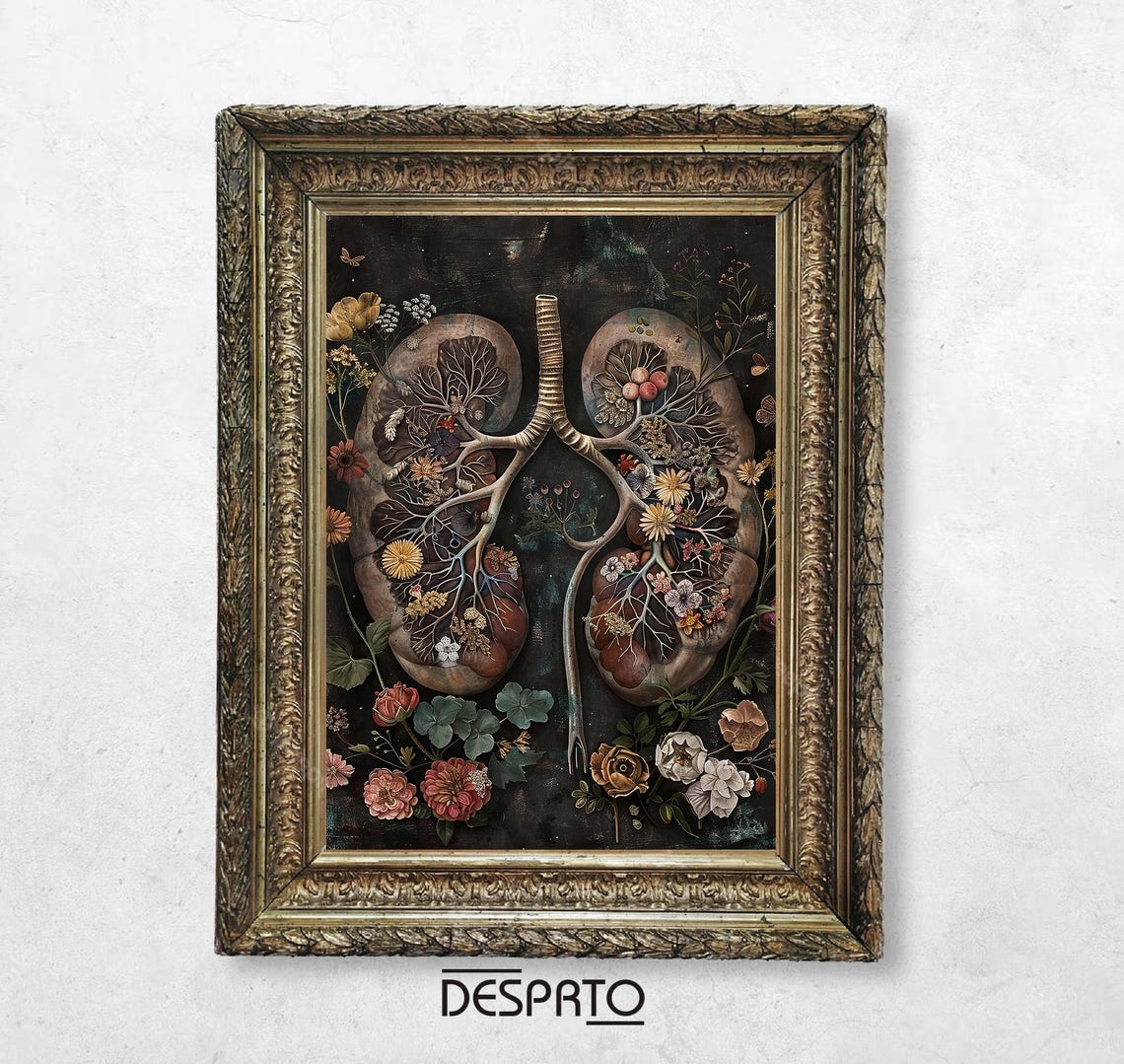 Human Kidney With Flowers Print, Anatomy Gothic Painting, Floral Kidney ...