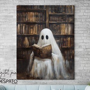 Ghost Reading Books in Library Print, Digital Halloween Decor, Ghost ...