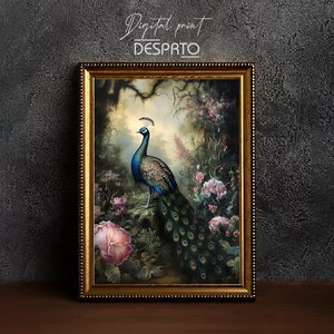 Woodland Peacock, Moody Peacock Wall Print, Botanical Printable, Floral ...