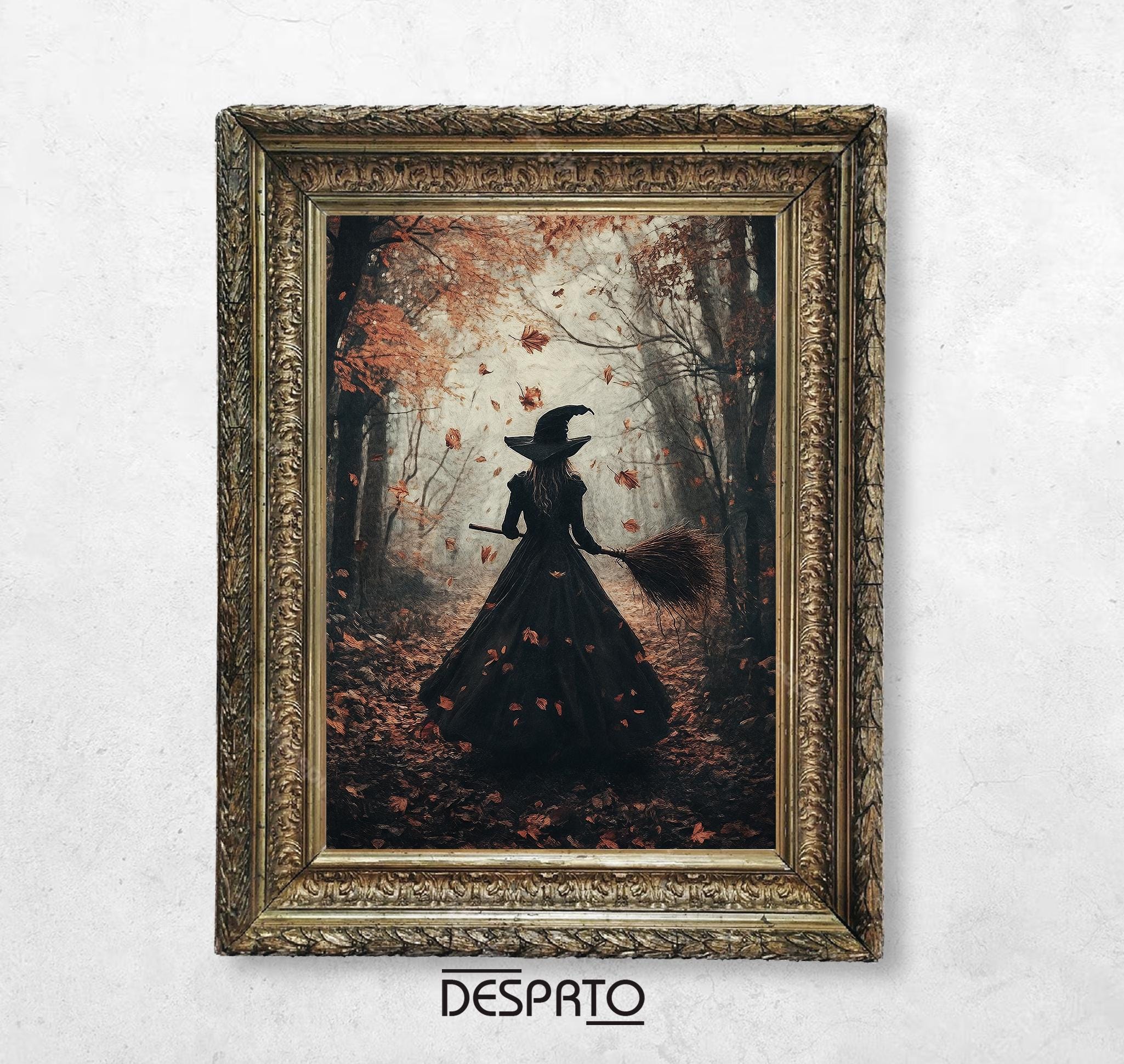 Witch With Broom Walking in Fall Forest Print, Halloween Dark Academia ...