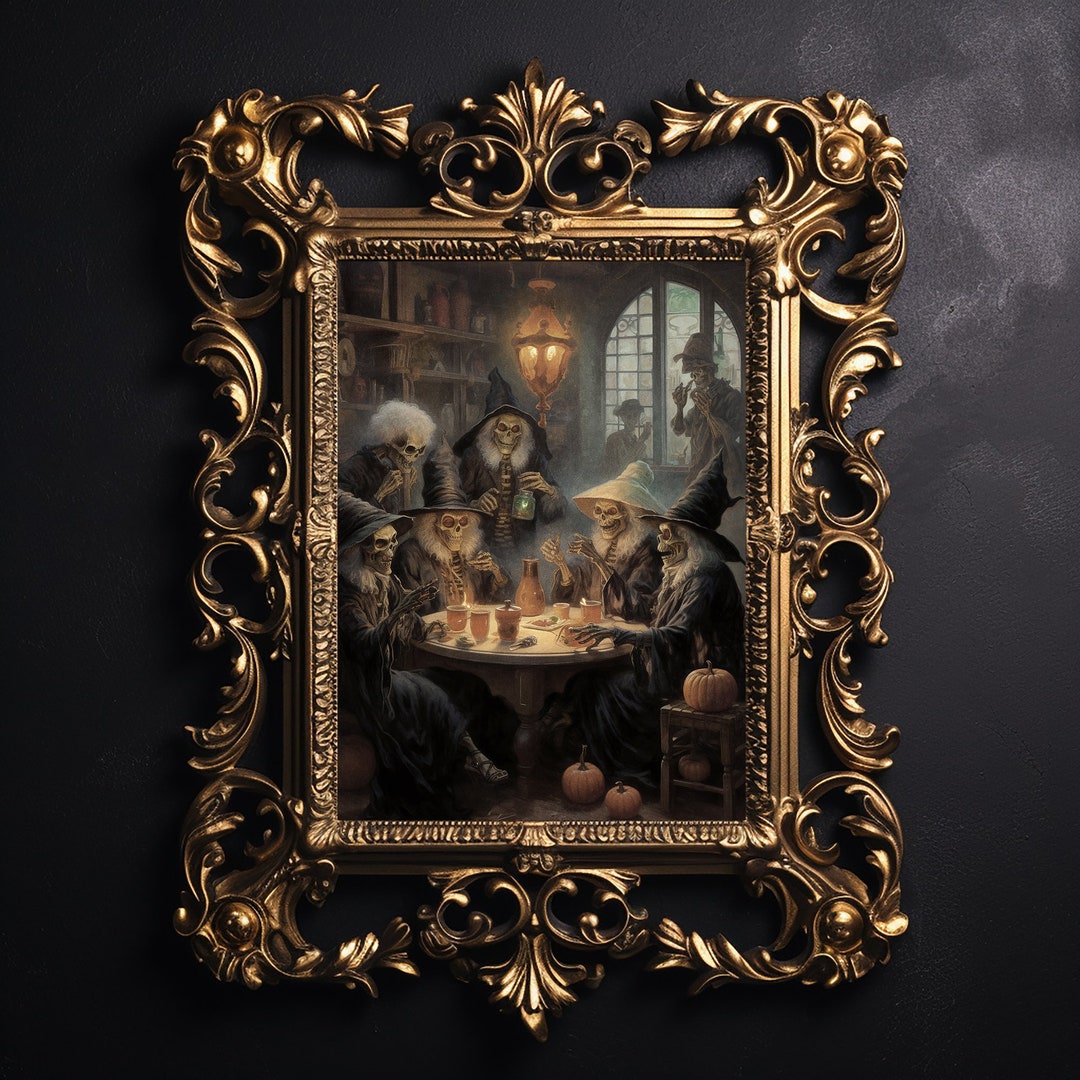 Skeletons in a Bar Print, Skull Dark Academia, Halloween Skeleton ...