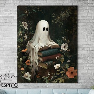 Cute Ghost Reading Books Print, Digital Halloween Cottagecore Decor ...