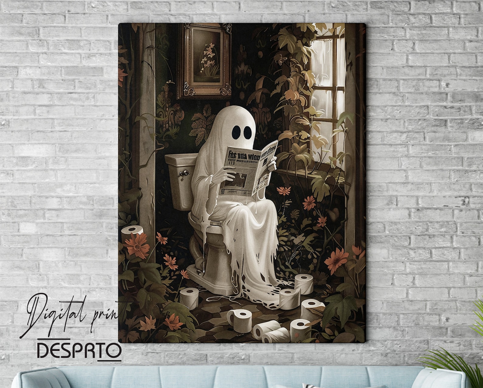 Ghost Reading Newspaper on Toilet Print, Dark Academia, Whimsical Ghost ...