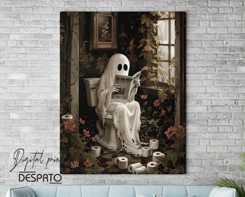 Ghost Reading Newspaper on Toilet Print, Dark Academia, Whimsical Ghost ...