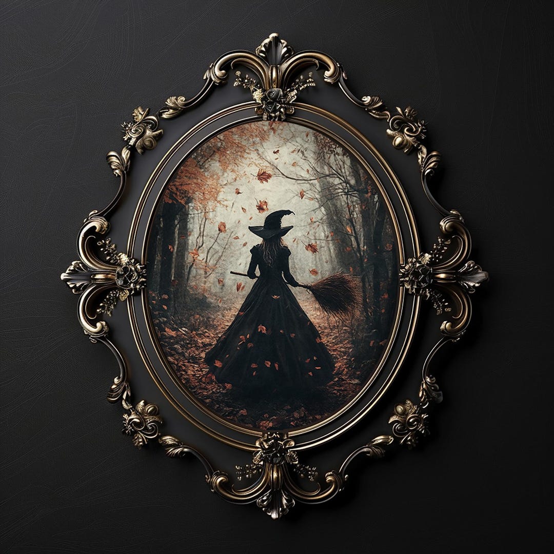 Witch With Broom Walking in Fall Forest Print, Halloween Dark Academia ...