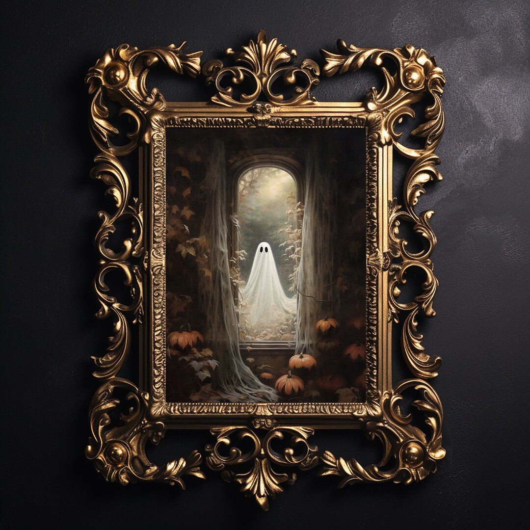 Ghost Peeking a Fall Window With Pumpkins, Halloween Vintage Poster ...