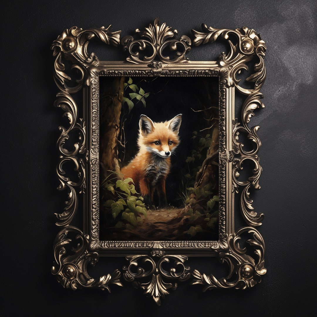 Little Fox in Deep Forest Print, Botanical Dark Academia Painting, Woodland Fox Print, Animal ...