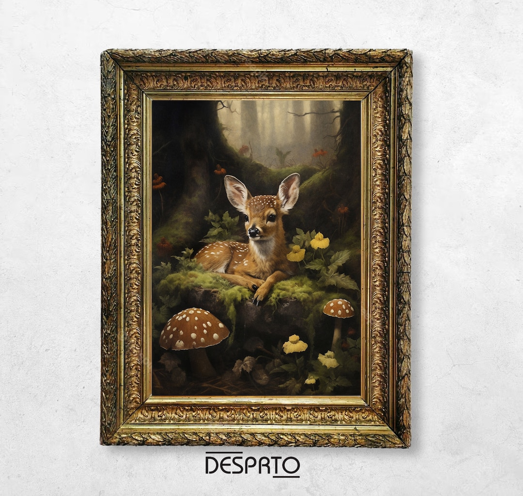 Fawn Print, Baby Deer in Dark Green Forest Painting, Animal Forestcore ...