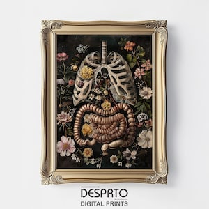 Human Intestines Print, Ribs Skeleton Flowers Anatomy Gothic Painting ...