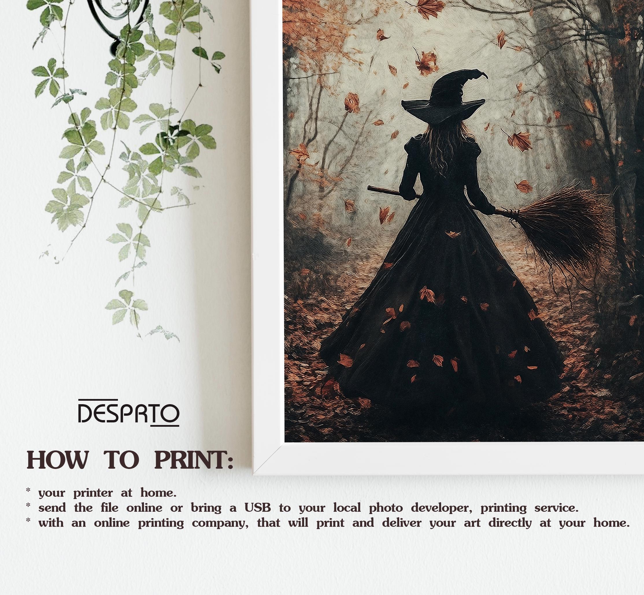 Witch With Broom Walking in Fall Forest Print, Halloween Dark Academia ...