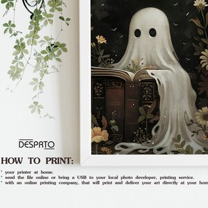 Cute Ghost Reading Books Print, Digital Halloween Cottagecore Decor ...