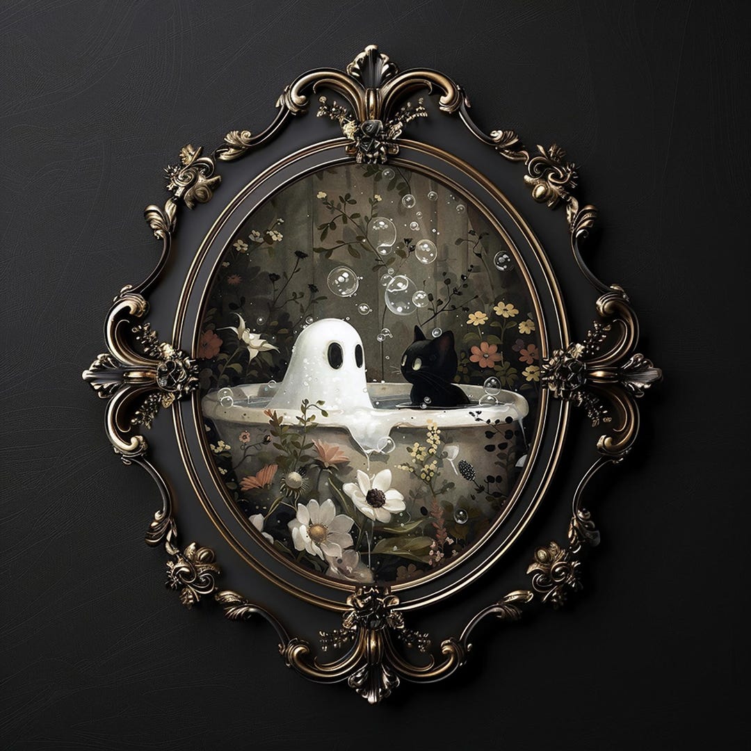 Ghost and Black Cat Takes a Bathtub Print, Dark Academia, Ghost Takes ...