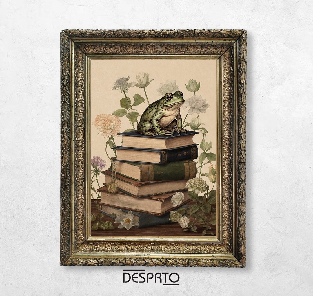 Boho Frog Flower Books Print, Green Toad Bookstore Poster, Dark ...