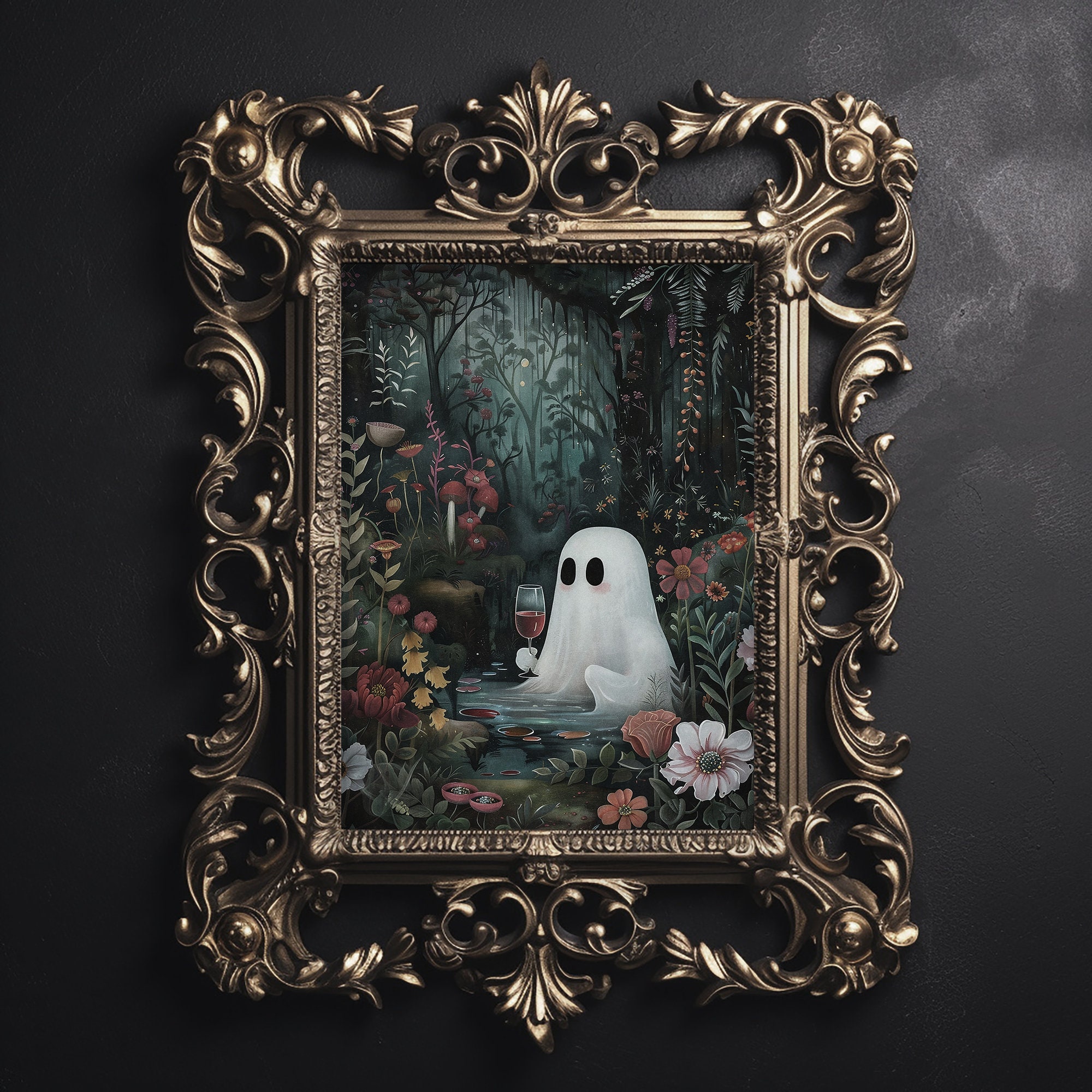Floral Ghost With Glass of Wine in a Mysterious Forest Print, Portrait ...