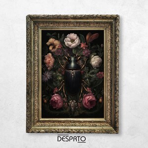 Black Beetle in Dark Flower Garden, Moody Bug Print, Scarab Printable ...