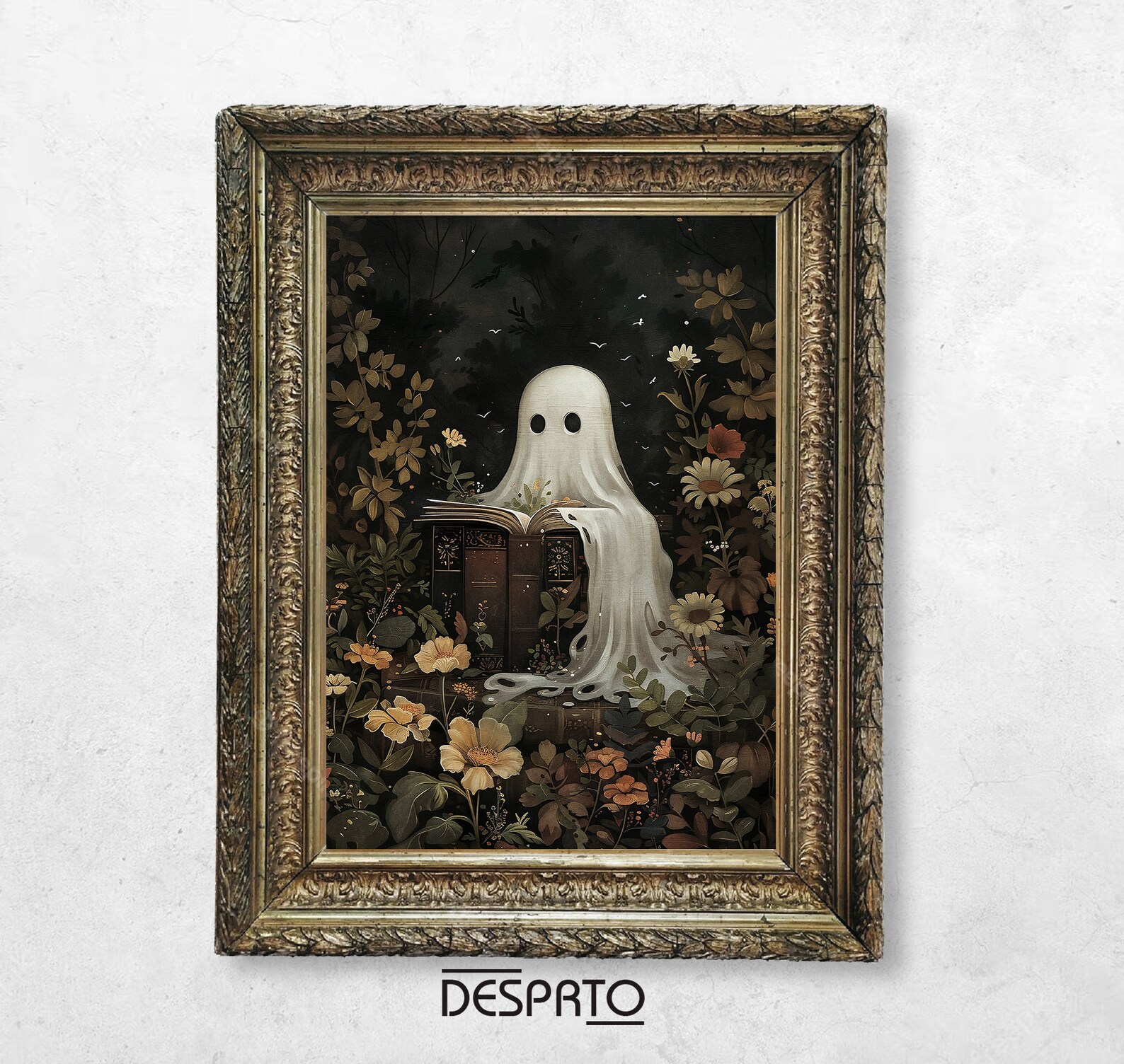 Cute Ghost Reading Books Print, Digital Halloween Cottagecore Decor ...