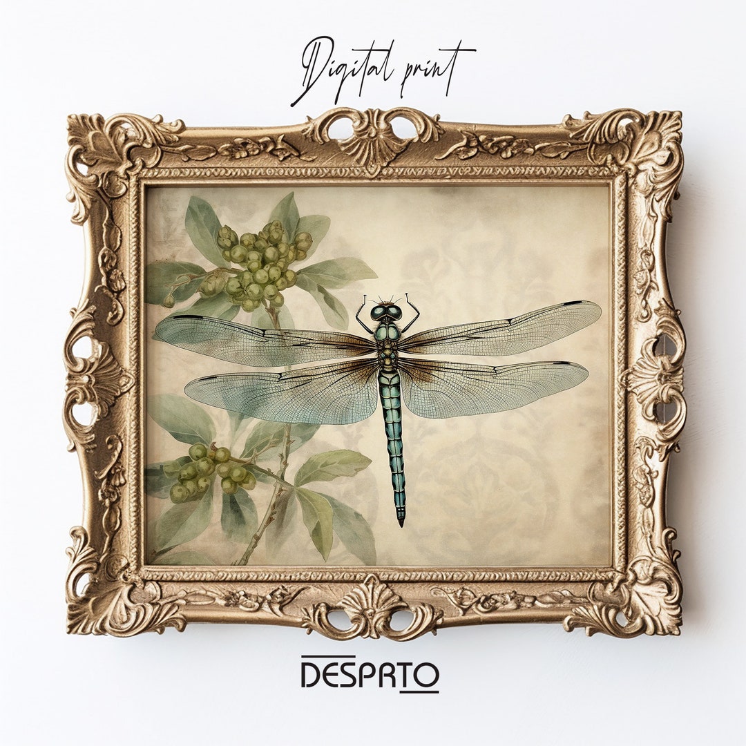 Boho Dragonfly on a Green Flower Print, Dragonfly Insect сottagecore ...