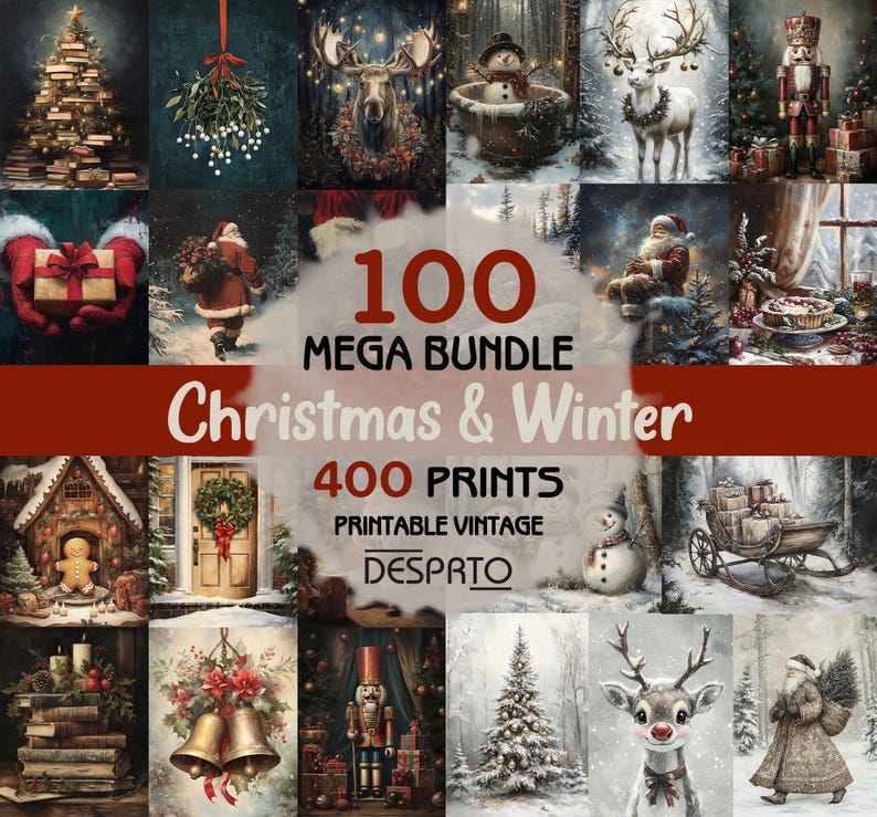 Christmas Mega Bundle 100 Prints, Vintage Winter Holiday Wall Art ...