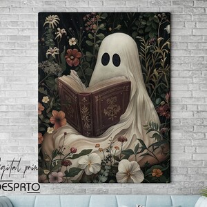 Cute Ghost Reading Books Print, Digital Halloween Cottagecore Decor ...