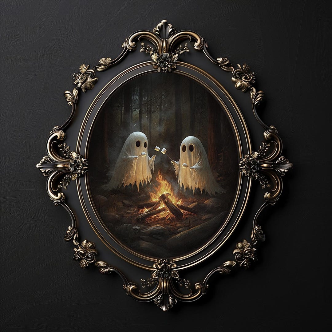Two Ghosts by Campfire in Woods With Marshmallows Print, Ghost Dark ...