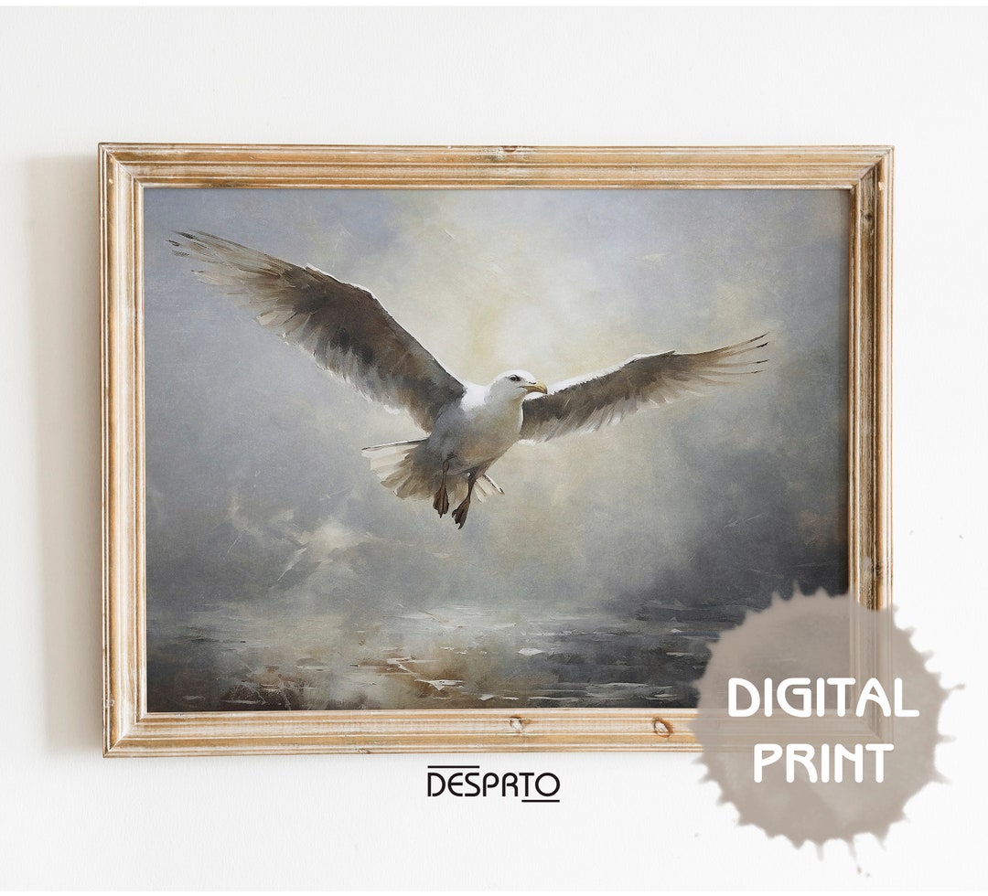 Seagull Flies in Sky Print, Seascape Printable Wall Art, Sea ...