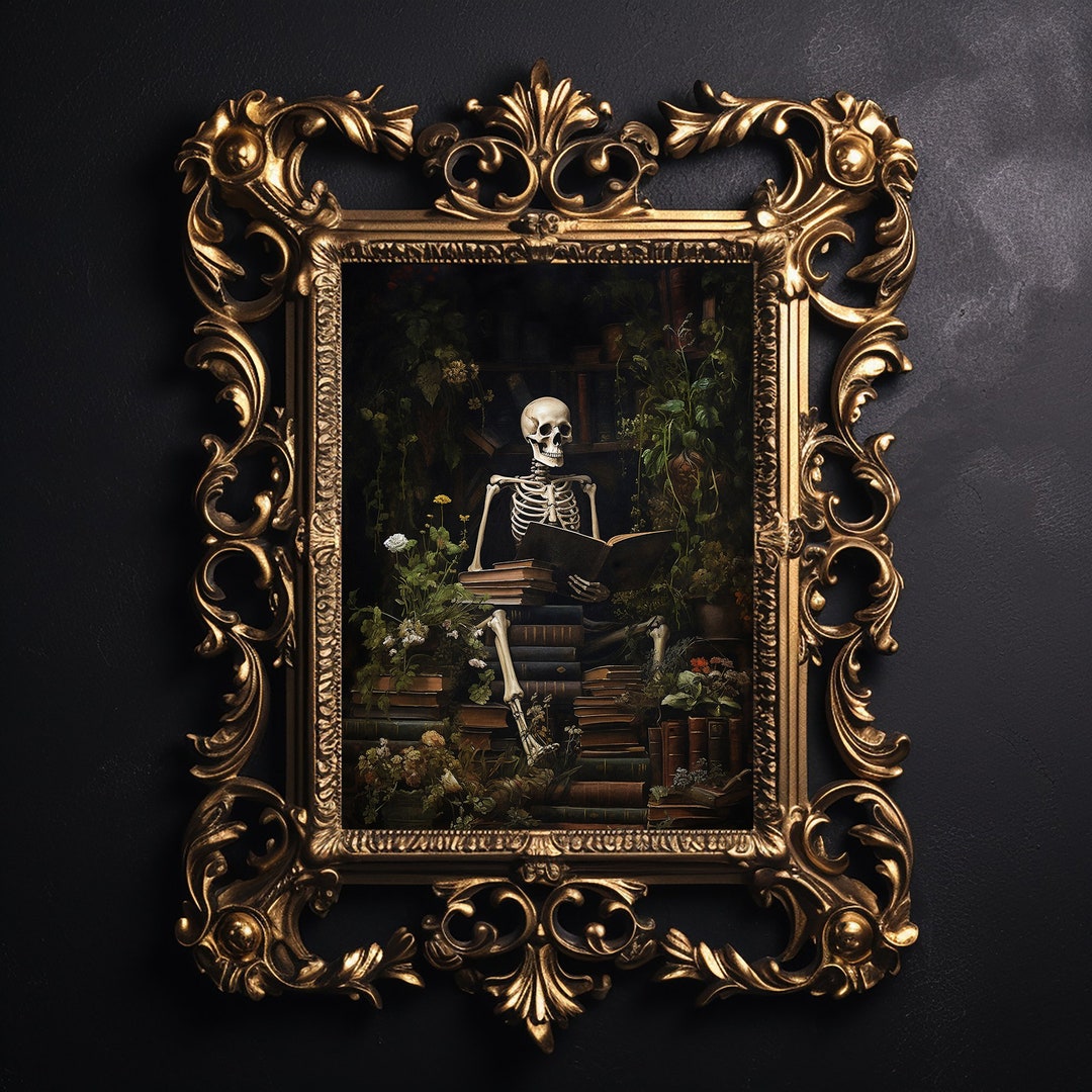 Floral Skeleton Books Library Print, Skull Dark Academia, Halloween ...