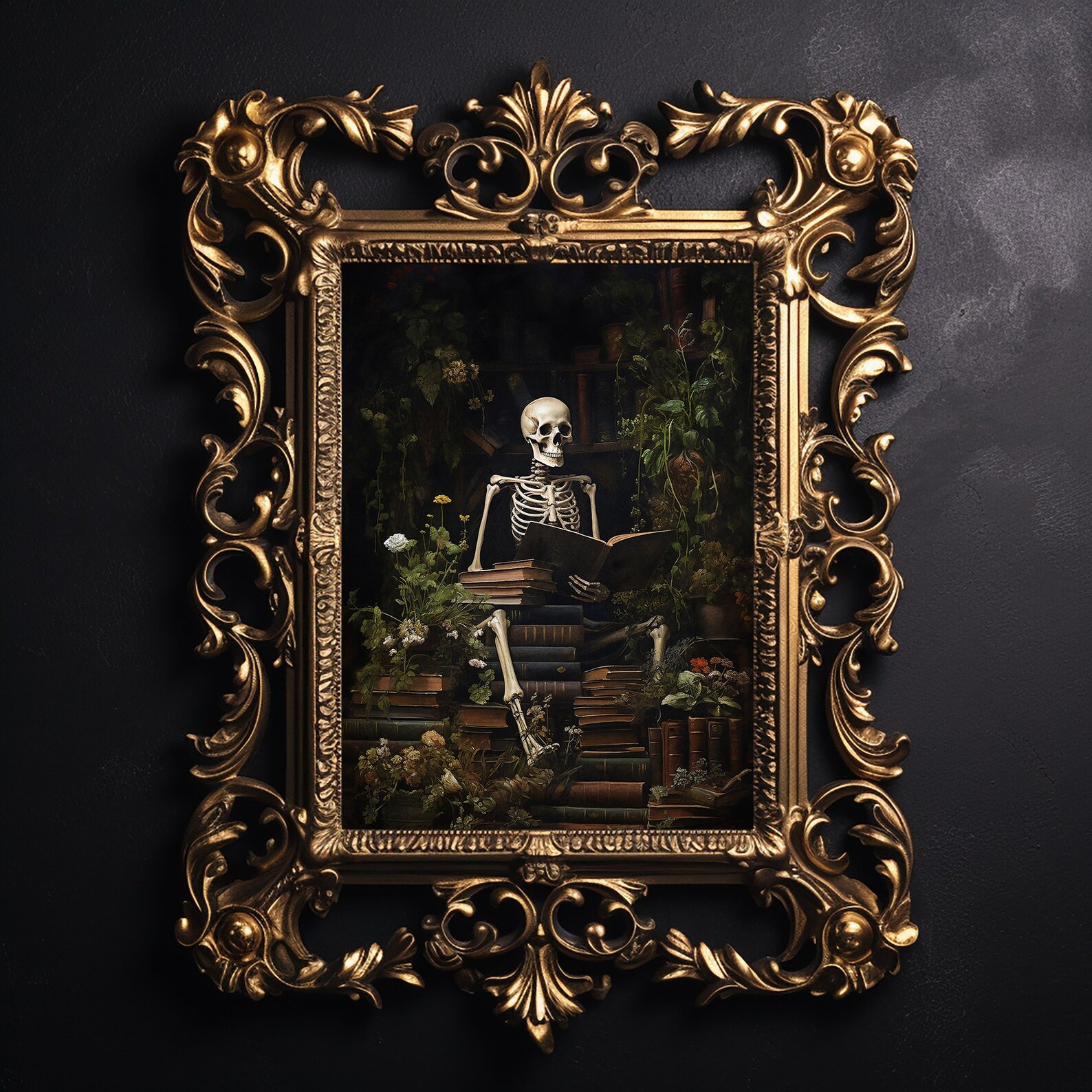 Floral Skeleton Books Library Print, Skull Dark Academia, Halloween ...