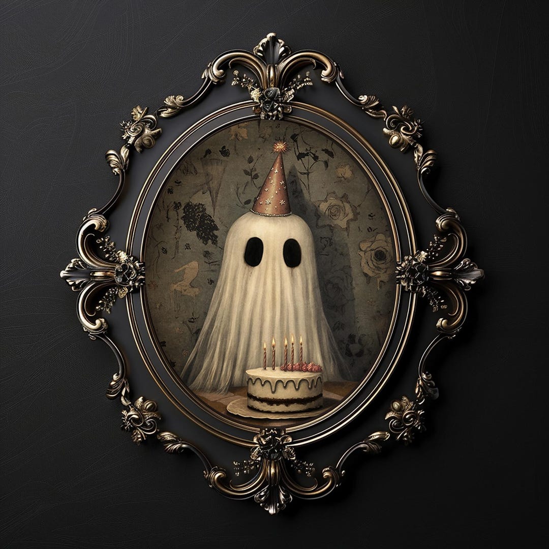 Happy Birthday Cute Ghost With Cake Print, Dark Academia, Ghost ...