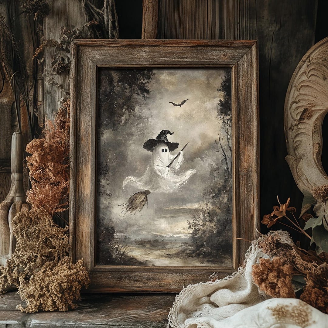 Halloween Ghost on Witch Broom Print – Cute Autumn Forest Wall Art ...