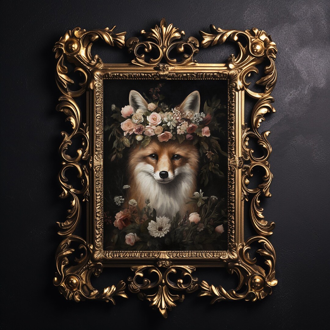 Fox in Dark Flower Crown Print, Rustic Fox Portrait Moody Wall Art ...