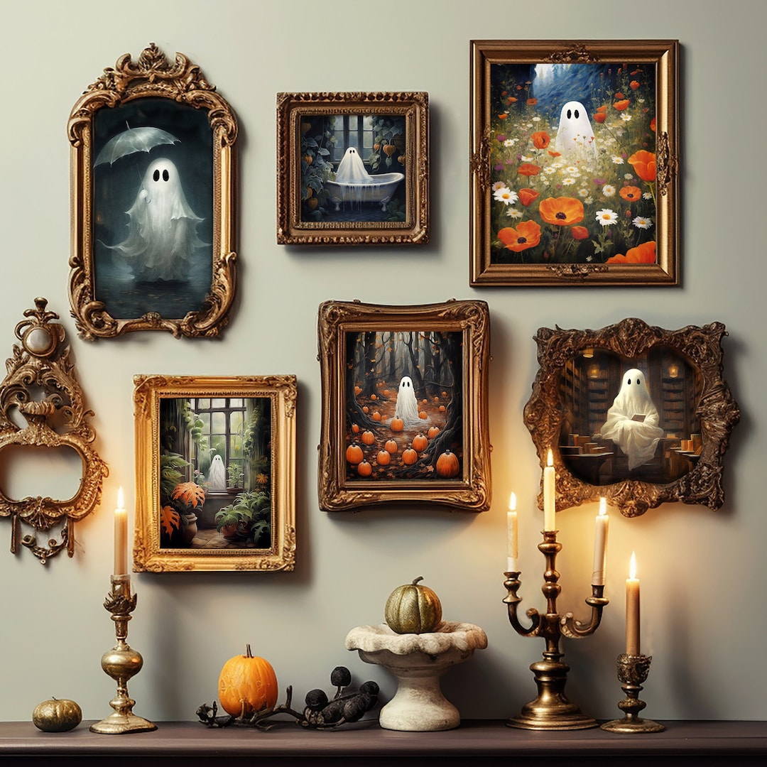 Set of 6 Printable Halloween Ghost Print, Floral Ghost Portrait, Ghost ...