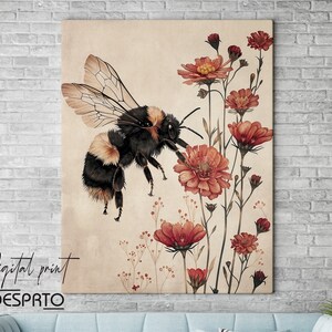 Boho Bee in Red Flower Print, Moody Bumblebee Decor, Botanical ...