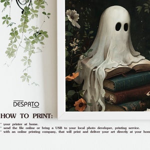 Cute Ghost Reading Books Print, Digital Halloween Cottagecore Decor ...