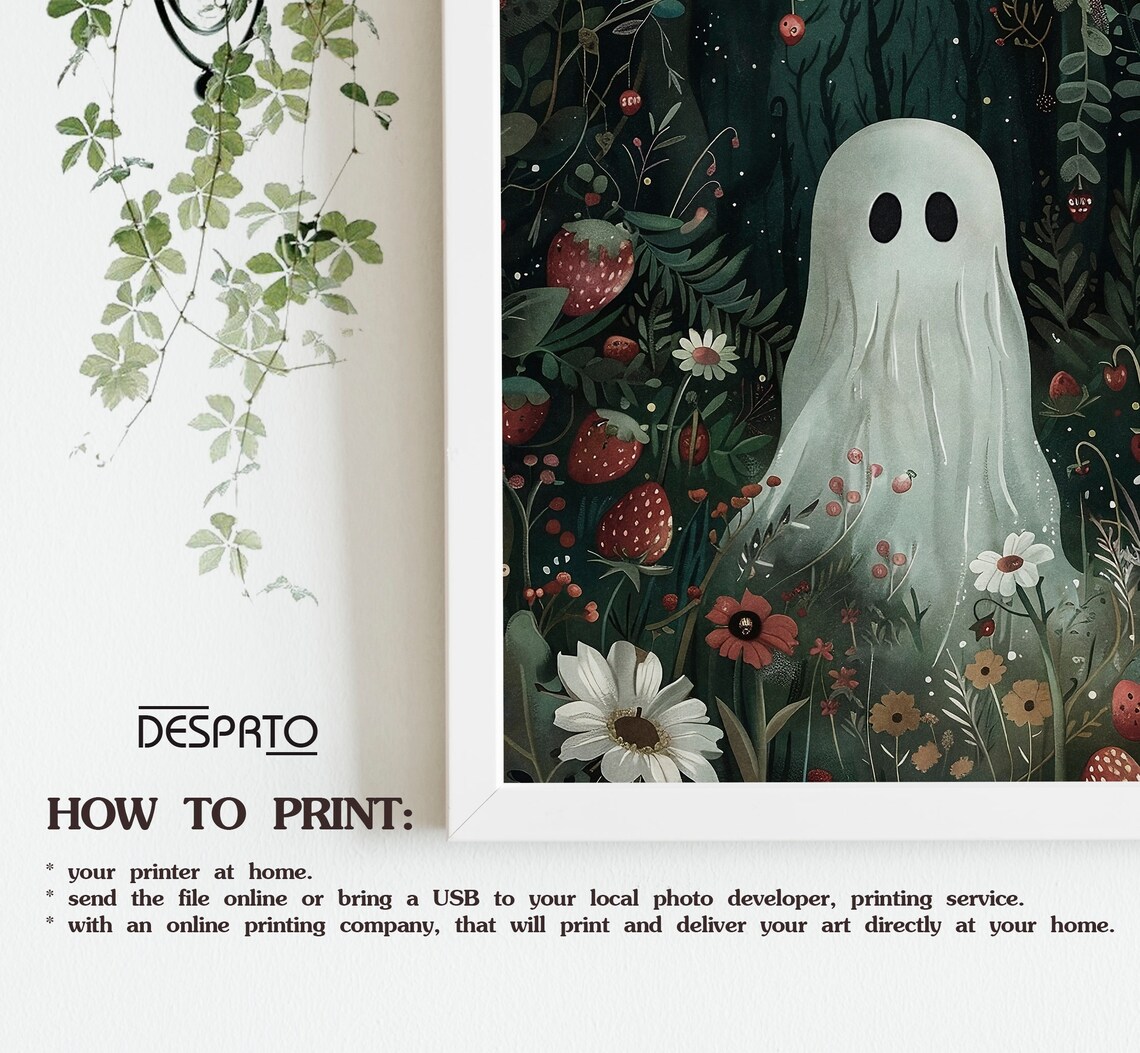 Floral Cute Ghost in Strawberry Meadow Print, Ghost Halloween Printable ...