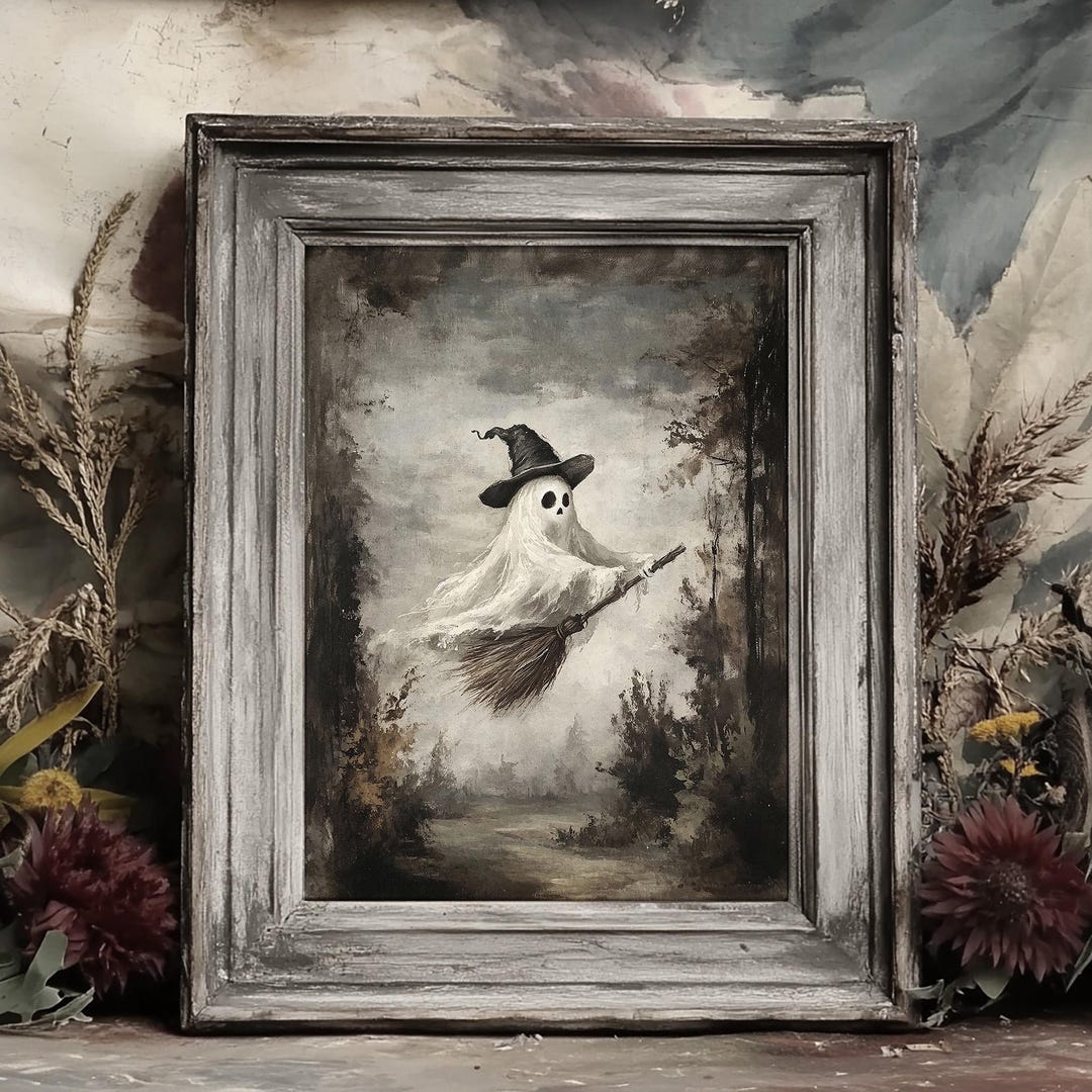 Spooky Ghost Print, Witch Broom, Gothic Halloween Decor (digital ...