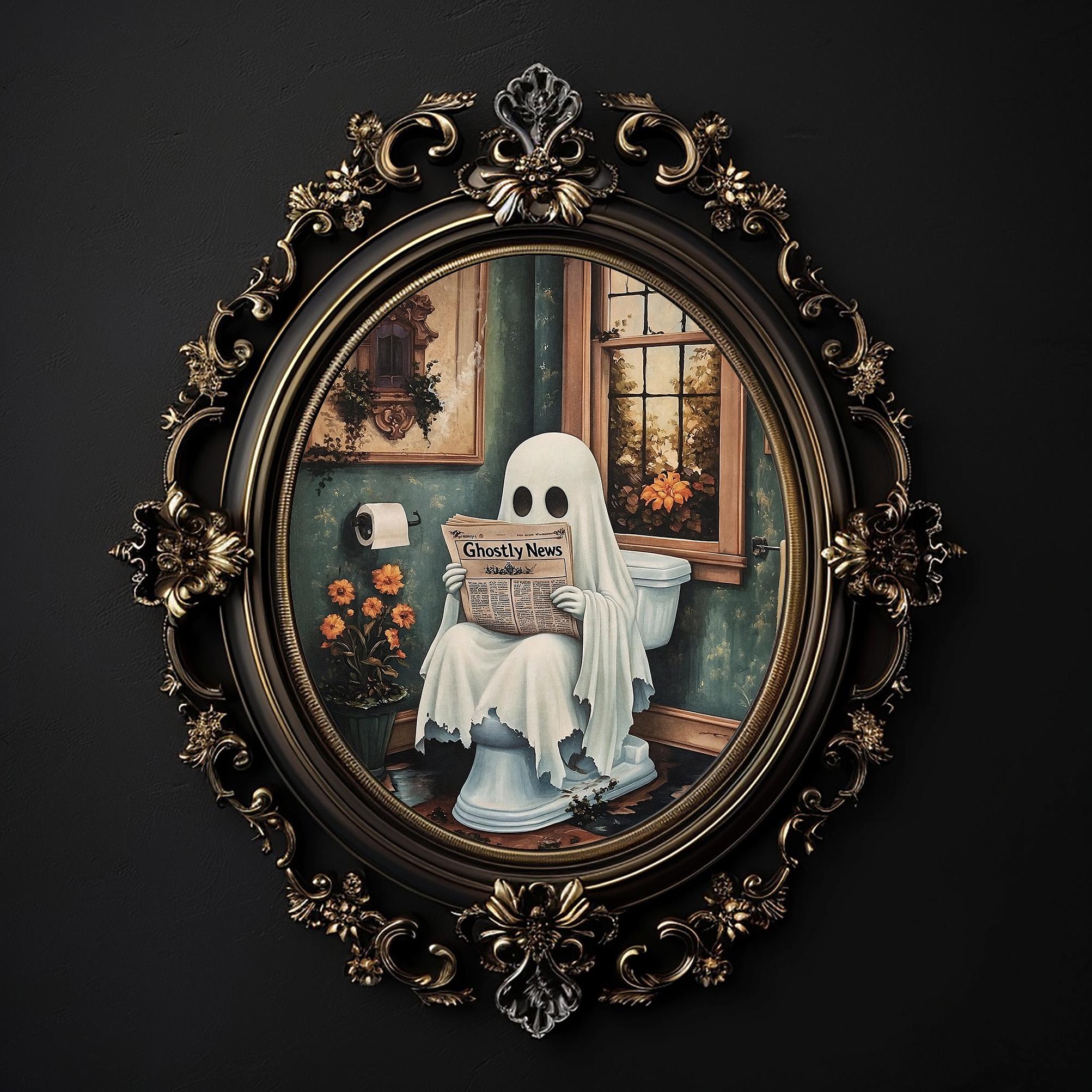 Ghost Reading Newspaper on Toilet Print, Dark Academia, Whimsical Ghost ...