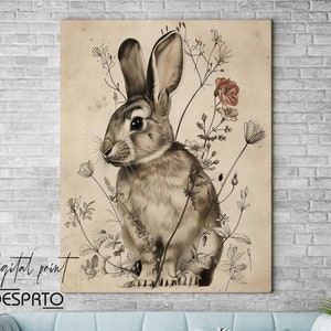 Boho Rabbit Bunny Flower Print, Rustic Hare Cottagecore Print, Animal ...