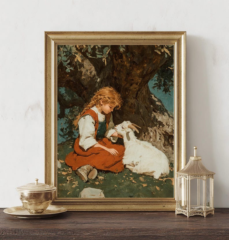 Impressão de menina e cabra, arte antiga para imprimir, arte de parede ...